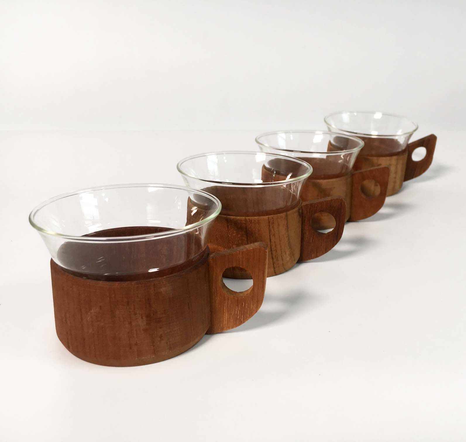Vintage Schott Mainz Set of 4 Teak Wood and Glass Tea Cups - Coffee ...