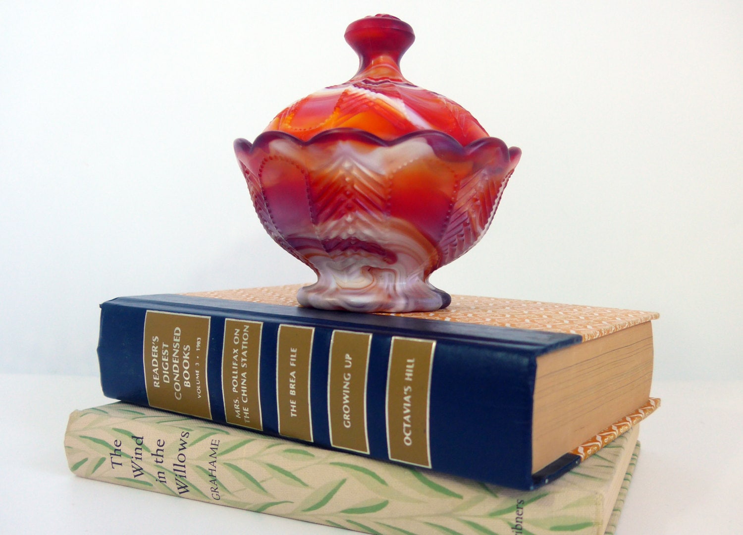 Authentic Imperial Glass Ruby Slag Round Candy Dish & Cover Feather ...