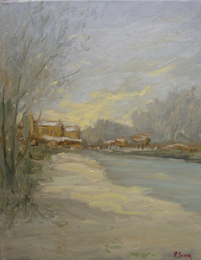 Original Painting, Oil, Impressionist, Winter Scene, Snow, Path to Town ...