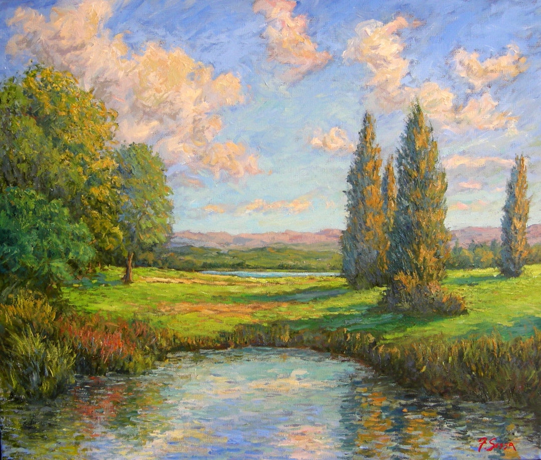 Original Impressionist Oil Painting, Landscape, Sunny Day, Lake ...