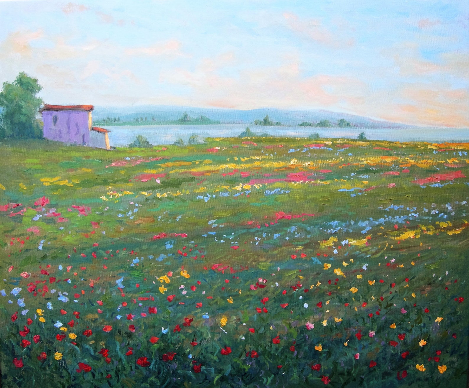 Tuscany Field of Flowers, Original Oil Painting, Poppies, Sunset ...