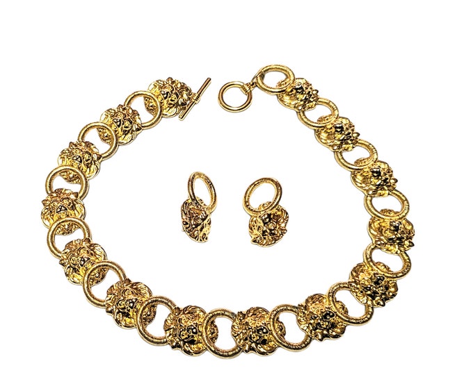 Vintage Chunky Gold Tone Lion Head Chain Necklace and Earring Set - Etsy