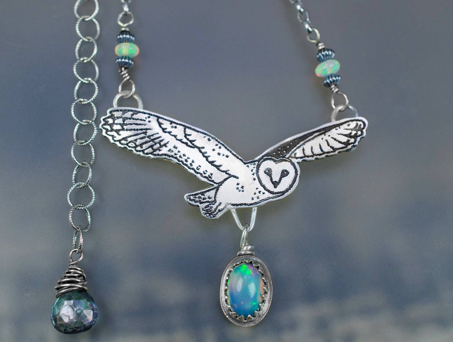 Handmade Acid Etched Flying Barn Owl With Opal Necklace - Etsy