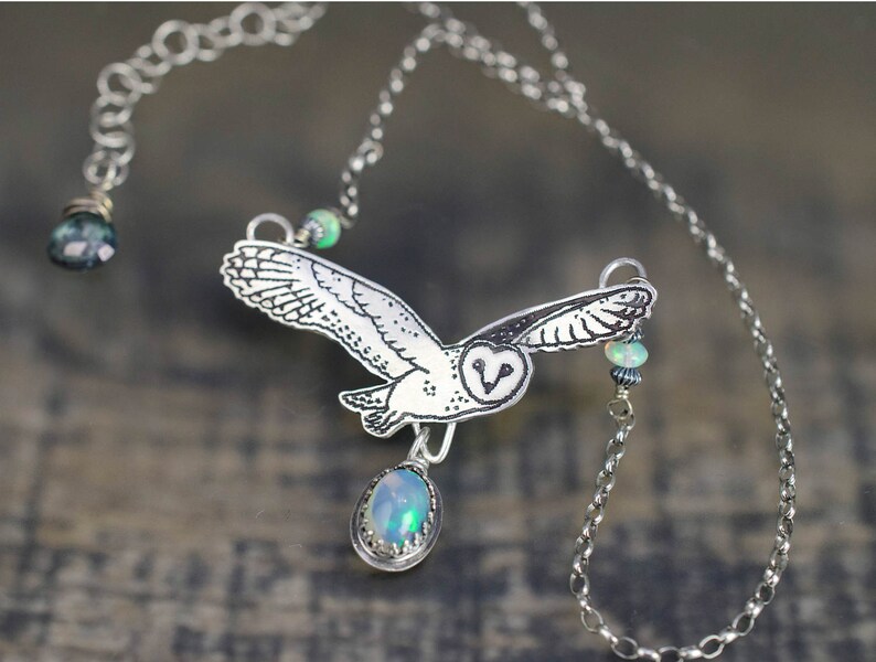 Handmade Acid Etched Flying Barn Owl With Opal Necklace - Etsy