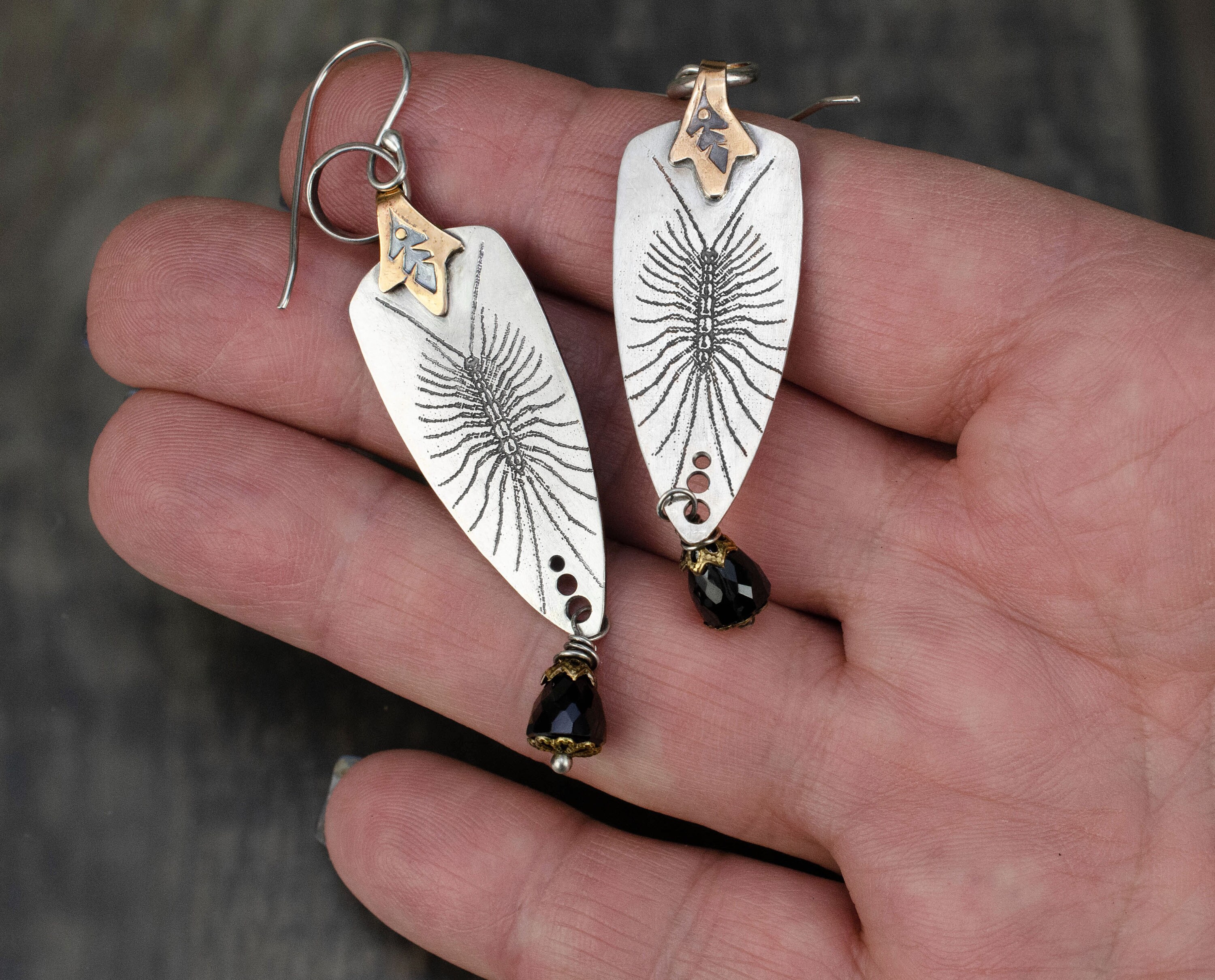 Handmade Acid Etched Centipede With Spinel Bead and Mixed Metal Bronze ...