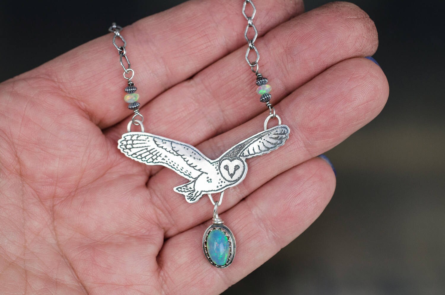 Handmade Acid Etched Flying Barn Owl With Opal Necklace - Etsy