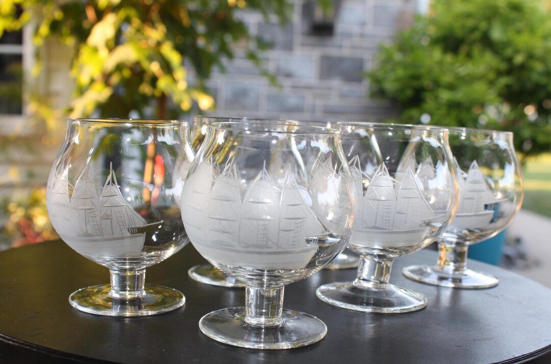 6 SAILBOAT CLIPPER BRANDY Cognac Snifters Glass Stemware Glasses Etched ...