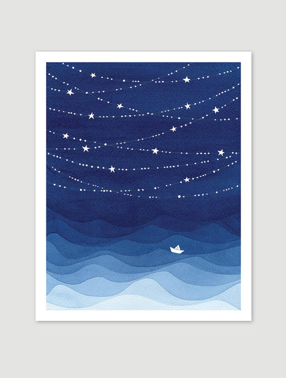Stars watercolor illustration ocean art ocean by night | Etsy