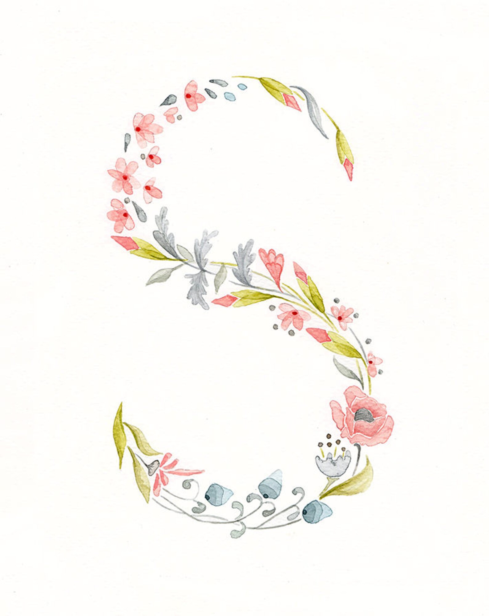 Letter S Flower Giclee Print Watercolor Painting Peach Color - Etsy