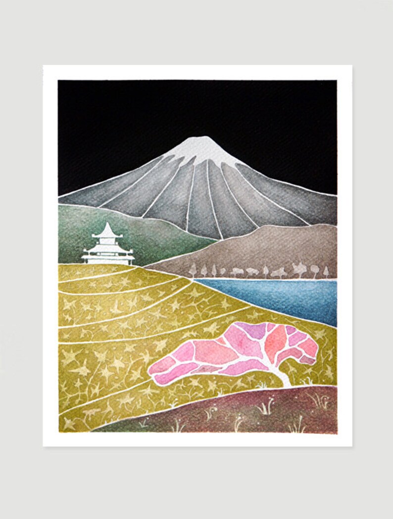 Japan watercolor painting giclee print cherry tree volcano | Etsy