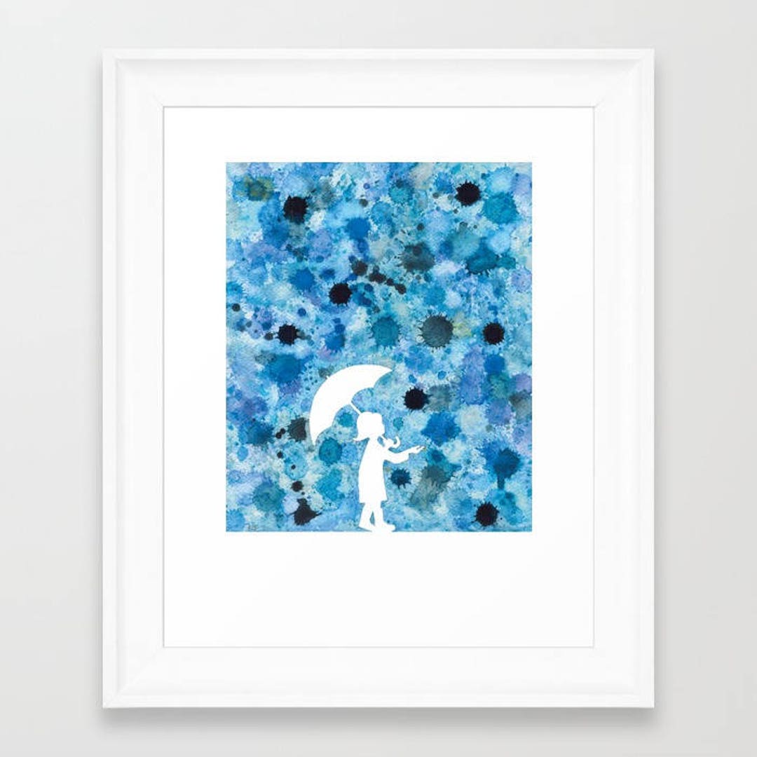 Rain Drop Print Watercolor Painting Blue Print Girl Print Umbrella Art ...