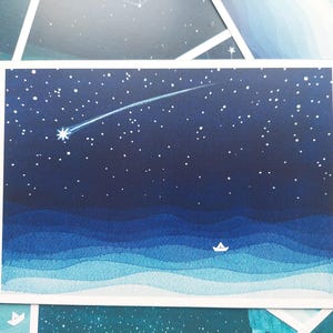 Falling Star Watercolor Painting Shooting Star Sailboat Print Navy Blue ...