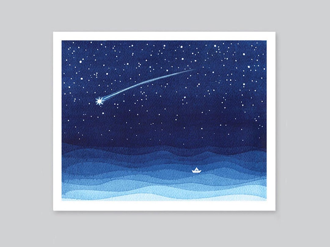 Falling Star Watercolor Painting Shooting Star Sailboat Print Navy Blue ...