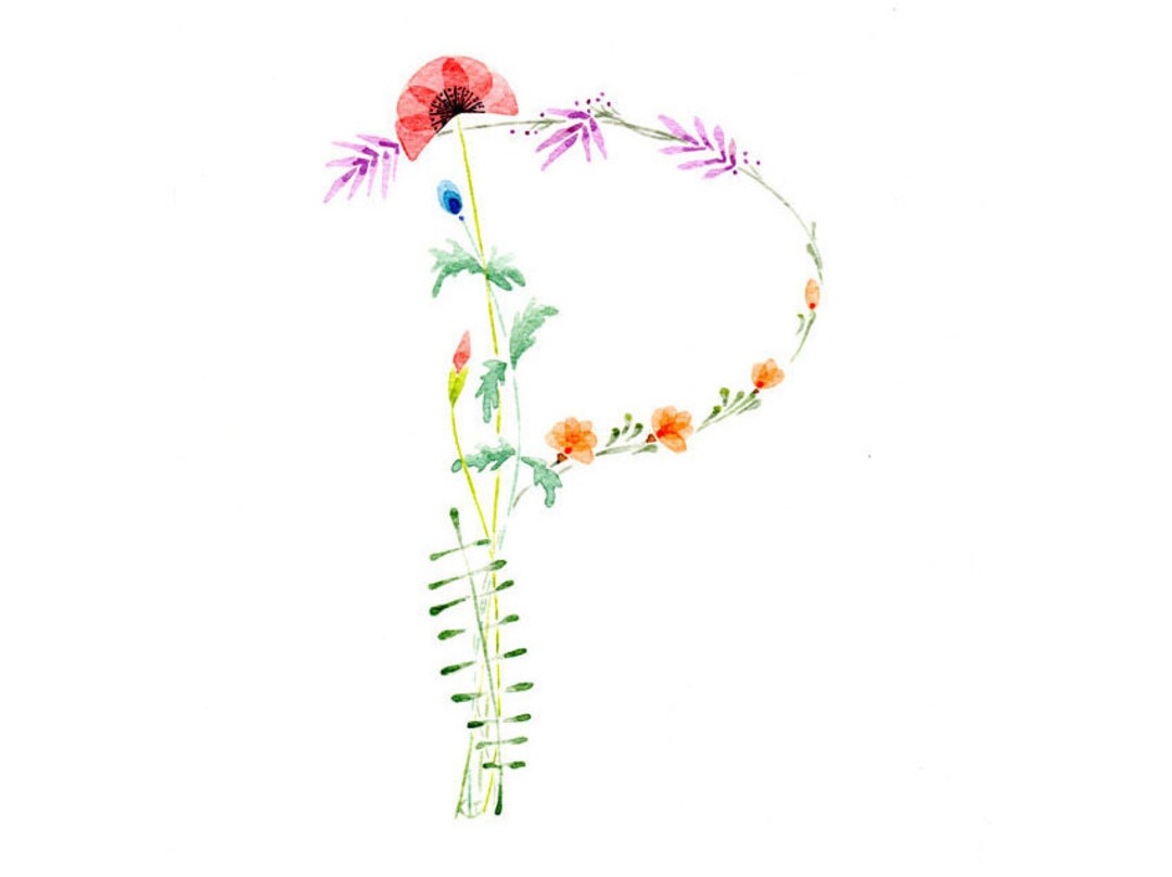 Letter P Watercolor Painting Initial Floral Monogram Flowers Original ...