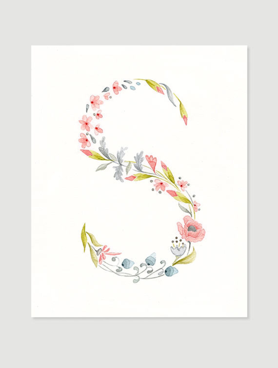 Letter S Flower Giclee Print Watercolor Painting Peach Color - Etsy