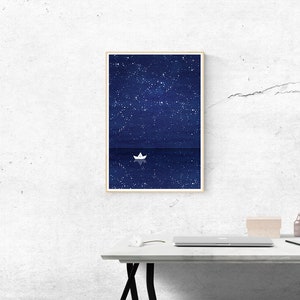 Zen Sailboat Watercolor Print, Starry Night Ocean Wall Art (digital ...