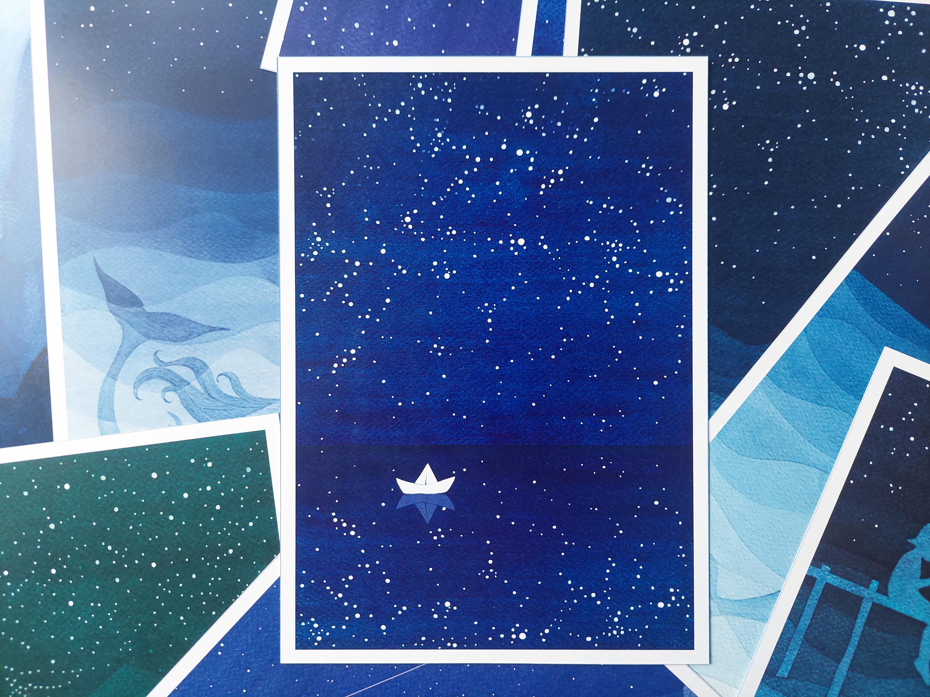 Zen Sailboat Watercolor Print, Starry Night Ocean Wall Art (digital ...