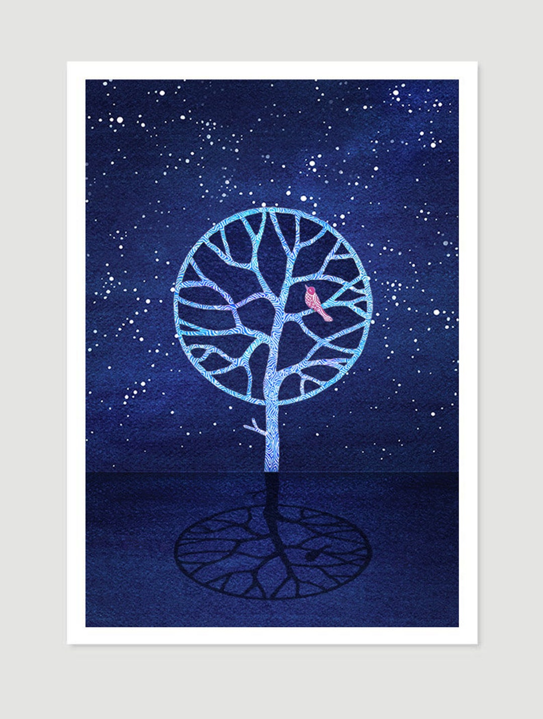 Tree Watercolor Print Night Blue Painting Bird - Etsy