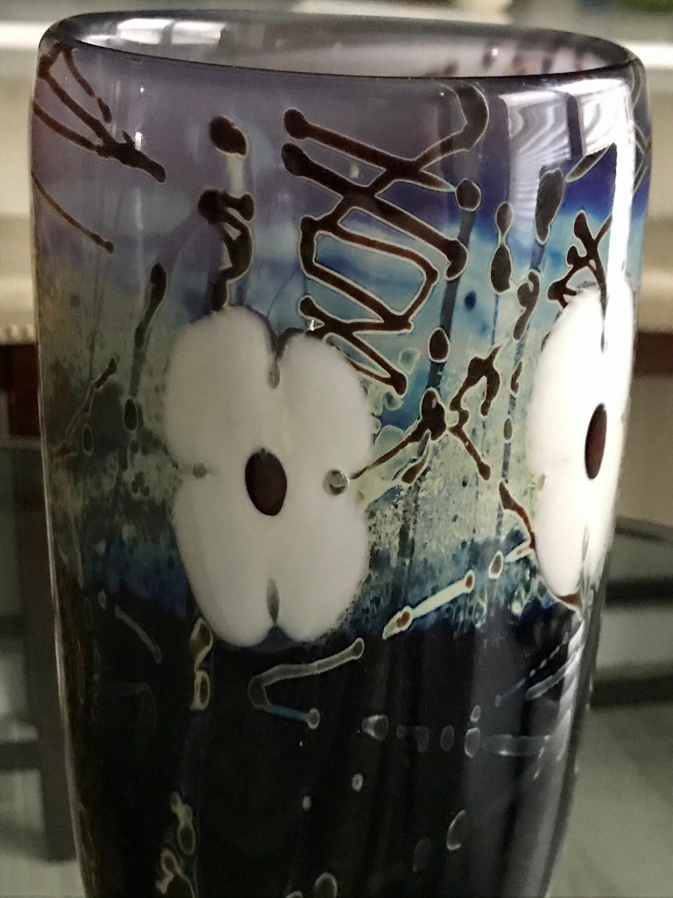 Signed Hand-blown Art Glass Vase Blue With White Flowers - Etsy