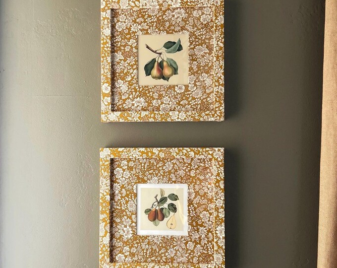 Pair of Square Fabric Wrapped Frames With Vintage Pear Illustrations, 8 ...