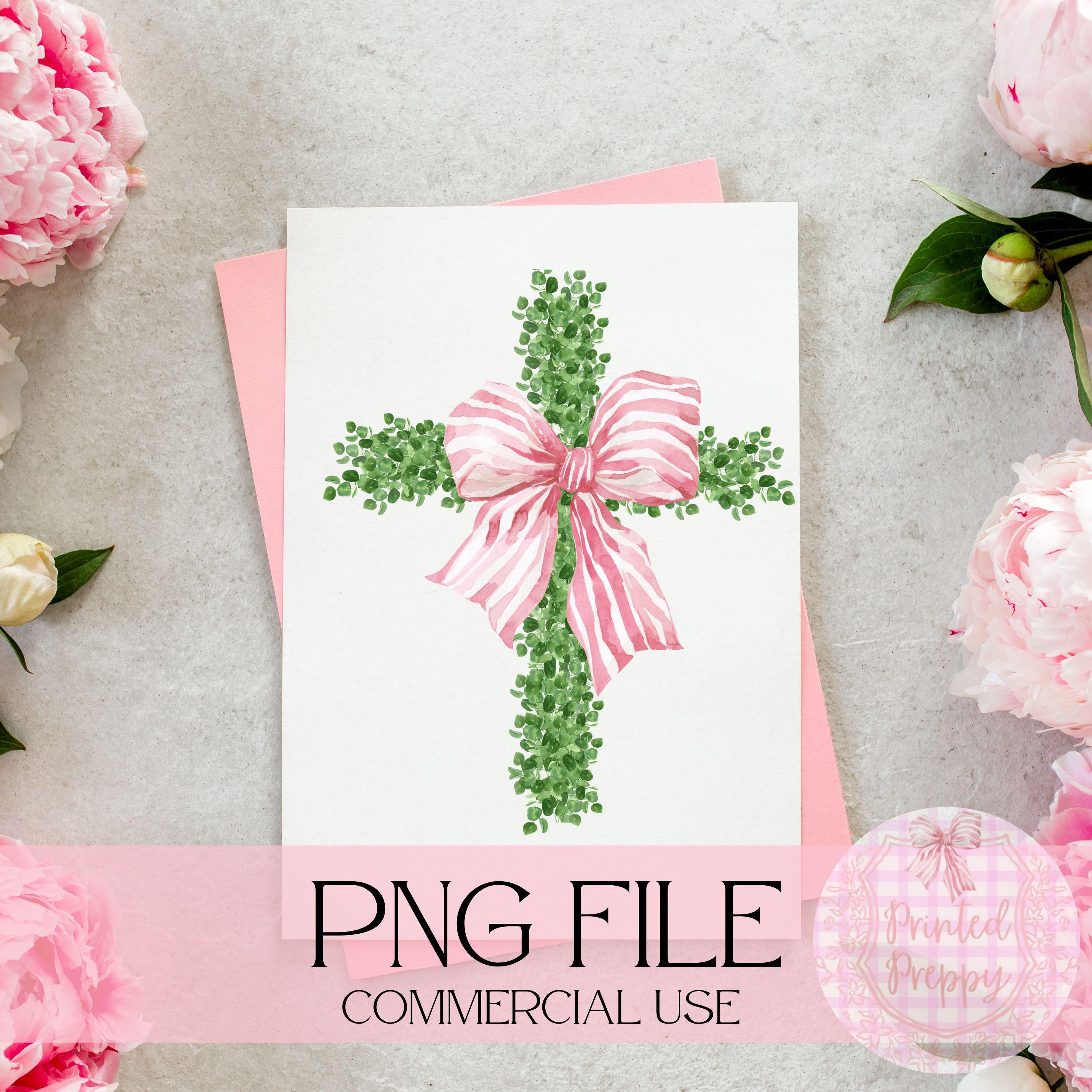 Watercolor Boxwood Pink Bow Cross PNG // Chinoiserie Clip Art ...