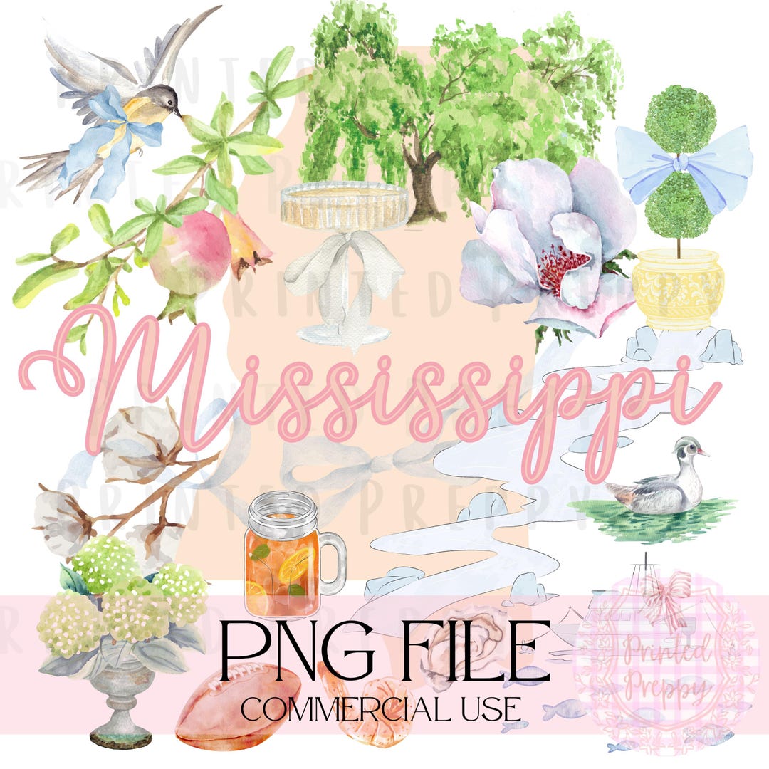 Mississippi Preppy PNG and JPG / Preppy Mississippi Watercolor Map ...