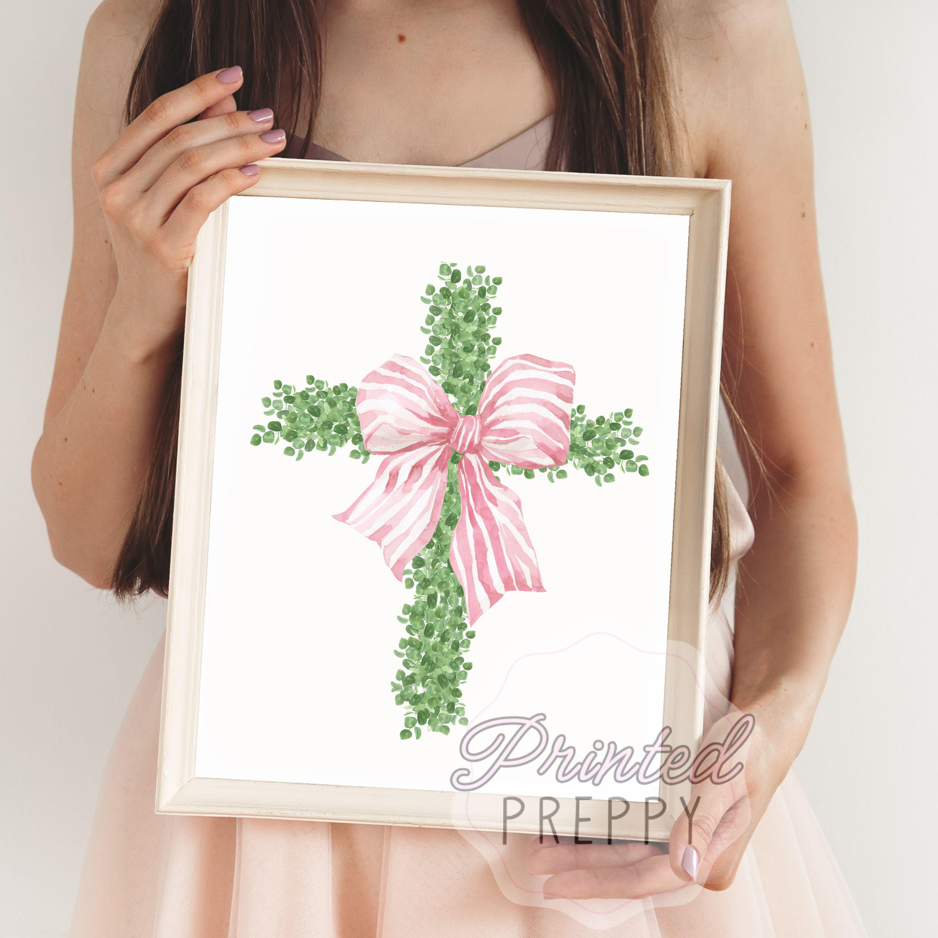Watercolor Boxwood Pink Bow Cross PNG // Chinoiserie Clip Art ...