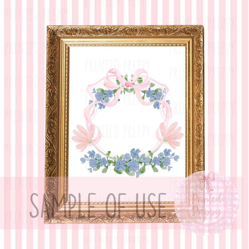 Preppy Pink and Blue Floral Crest PNG // Preppy Grandmillennial Clipart ...