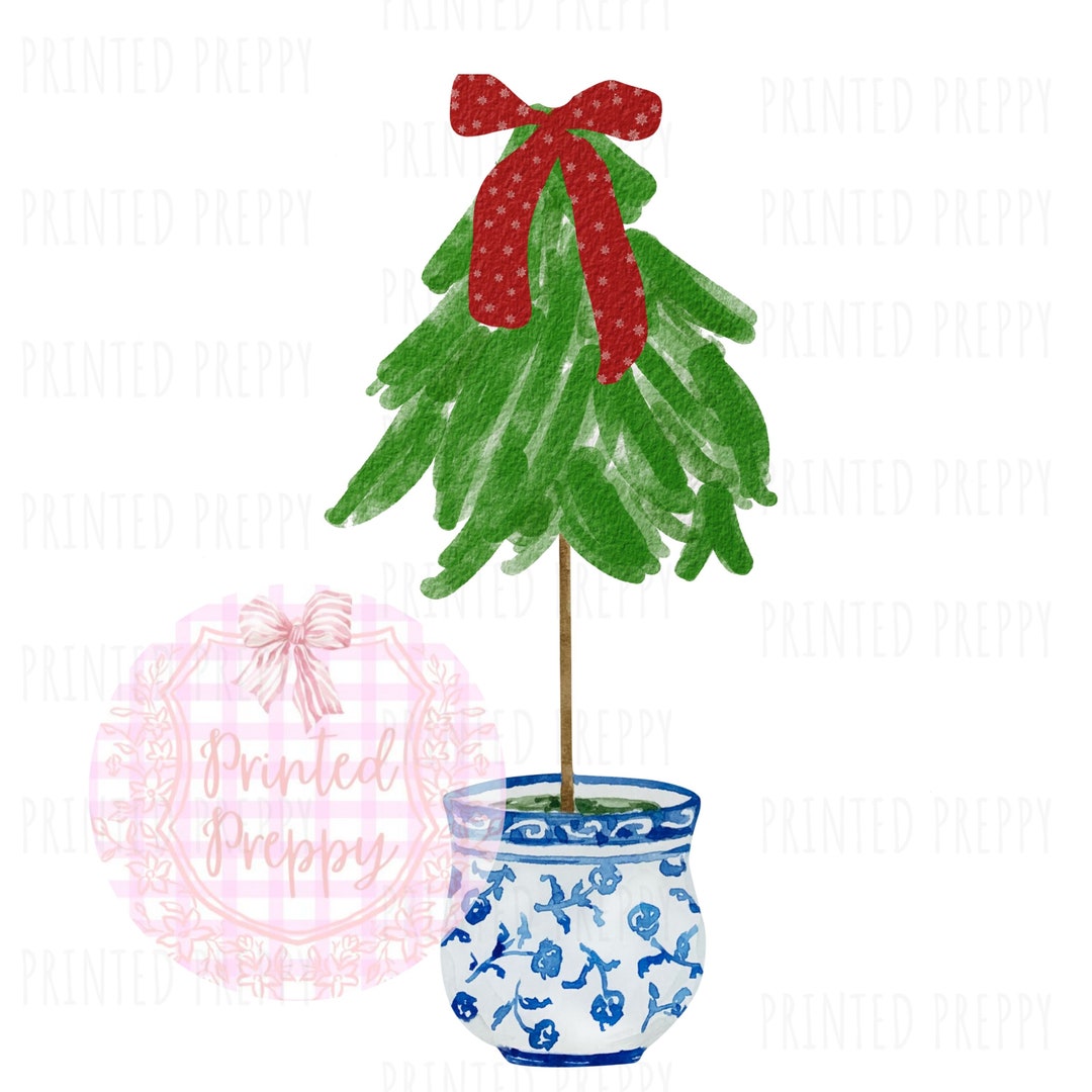 Chinoiserie Christmas Mistletoe Topiary With Red Bow PNG // Blue and ...