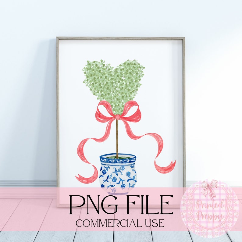 Chinoiserie Heart Topiary With Red Bow PNG // Blue and White Valentine ...