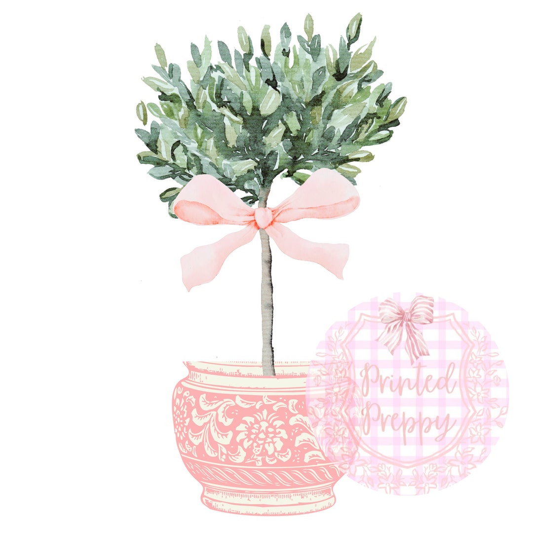 Grandmillennial Chinoiserie Watercolor Topiary With Pink Bow PNG ...