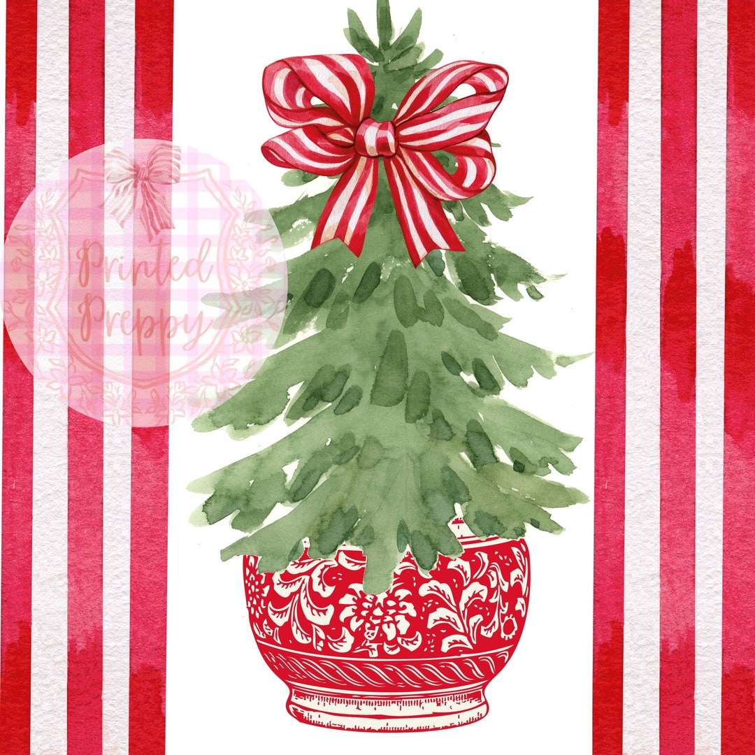 Chinoiserie Christmas Tree With Red Stripe Bow PNG // Christmas PNG ...