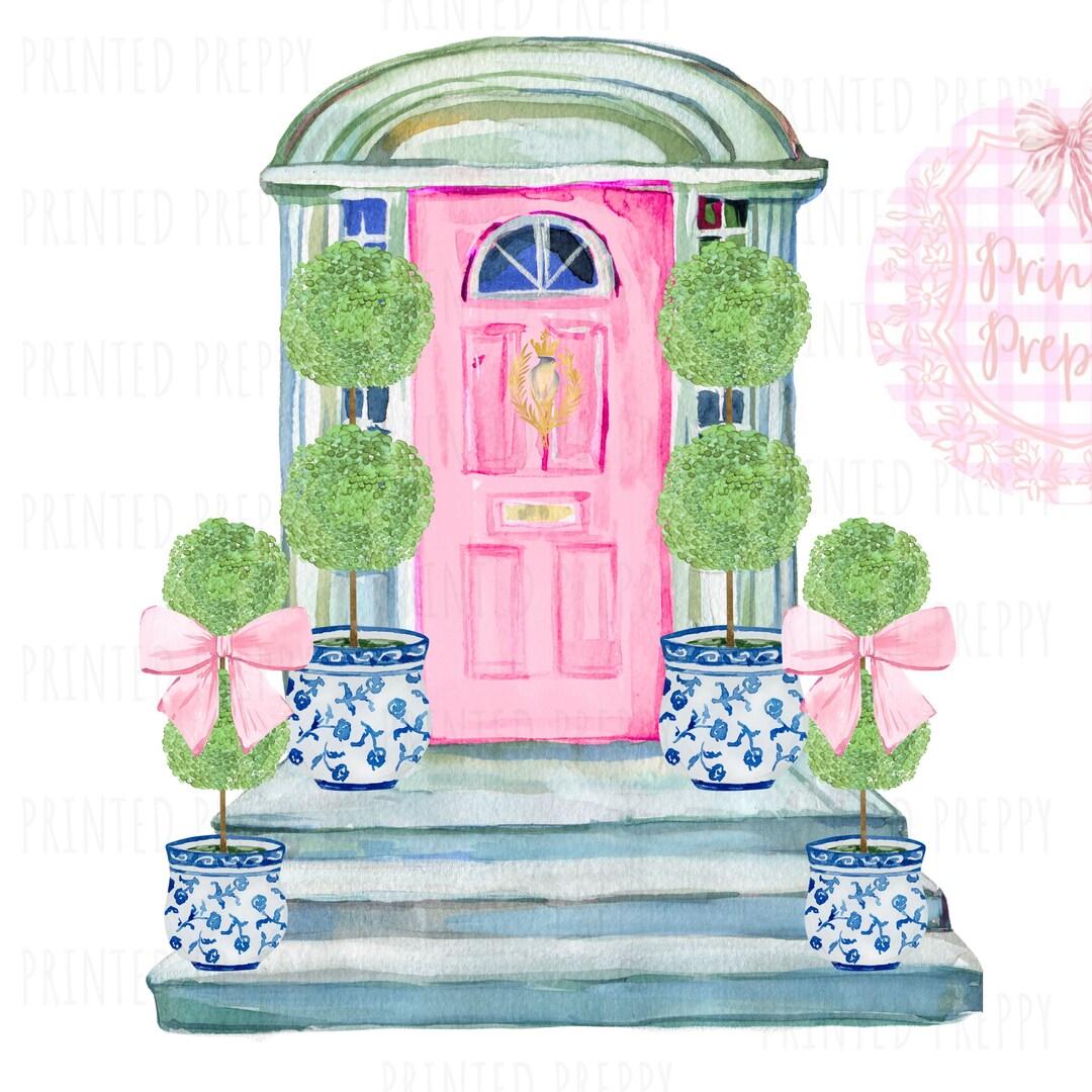 Chinoiserie Topiaries Pink Door PNG // Blue and White Decor ...