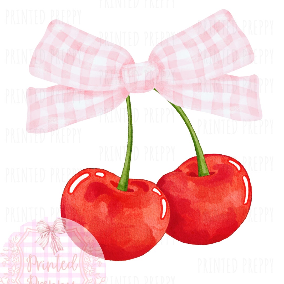 Coquette Cherry Clipart Cherries With Pink Bow Png Pink Bow Cherry Clipart Instant Download