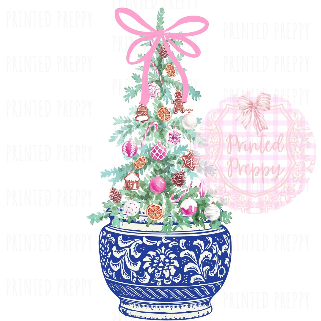 Chinoiserie Christmas Tree With Pink Bow PNG // Blue and White ...