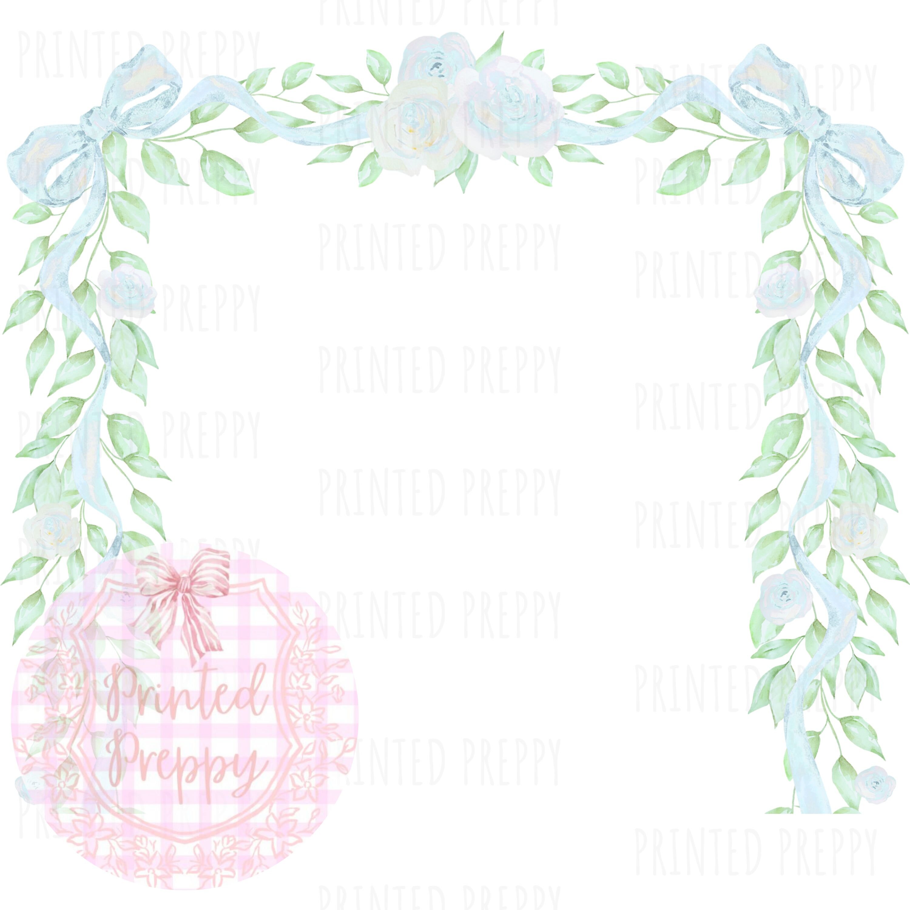 Grandmillennial PNG Light Blue Floral Bow Frame Border // Digital ...