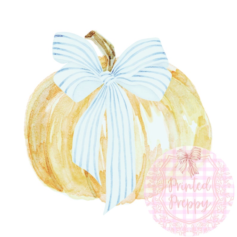 Preppy Pumpkin Watercolor With Blue Stripe Bow PNG // Preppy Pumpkin ...
