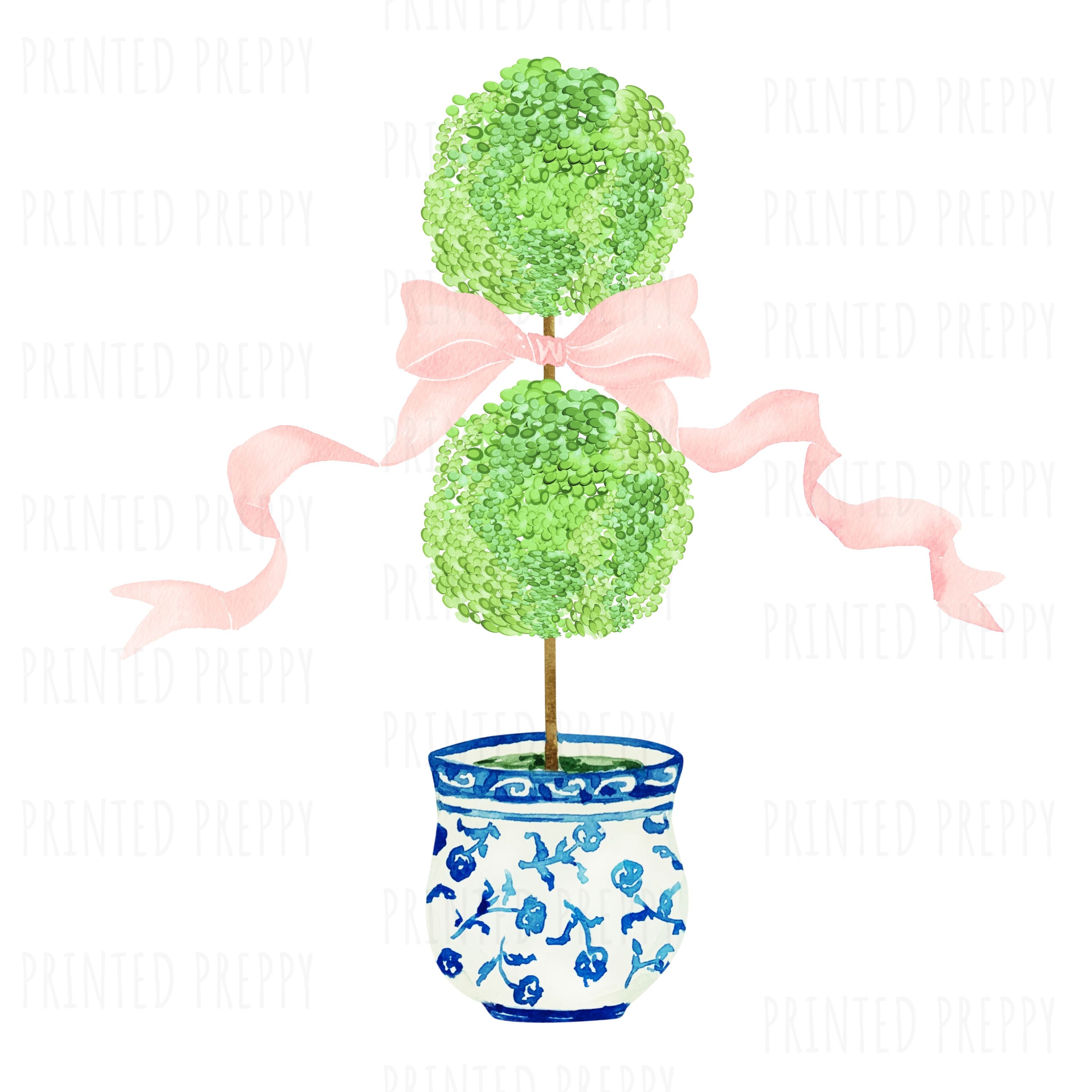 Chinoiserie Watercolor Double Topiary With Pink Bow PNG // Chinoiserie ...