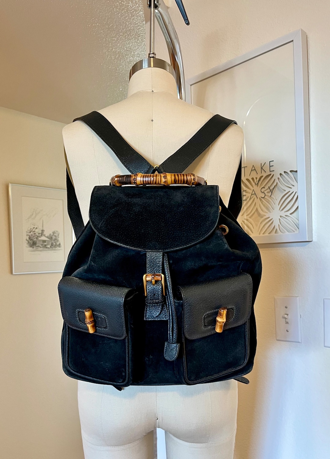 Vintage Gucci Bamboo Backsac/luxury Brand/black Leather and Suede ...