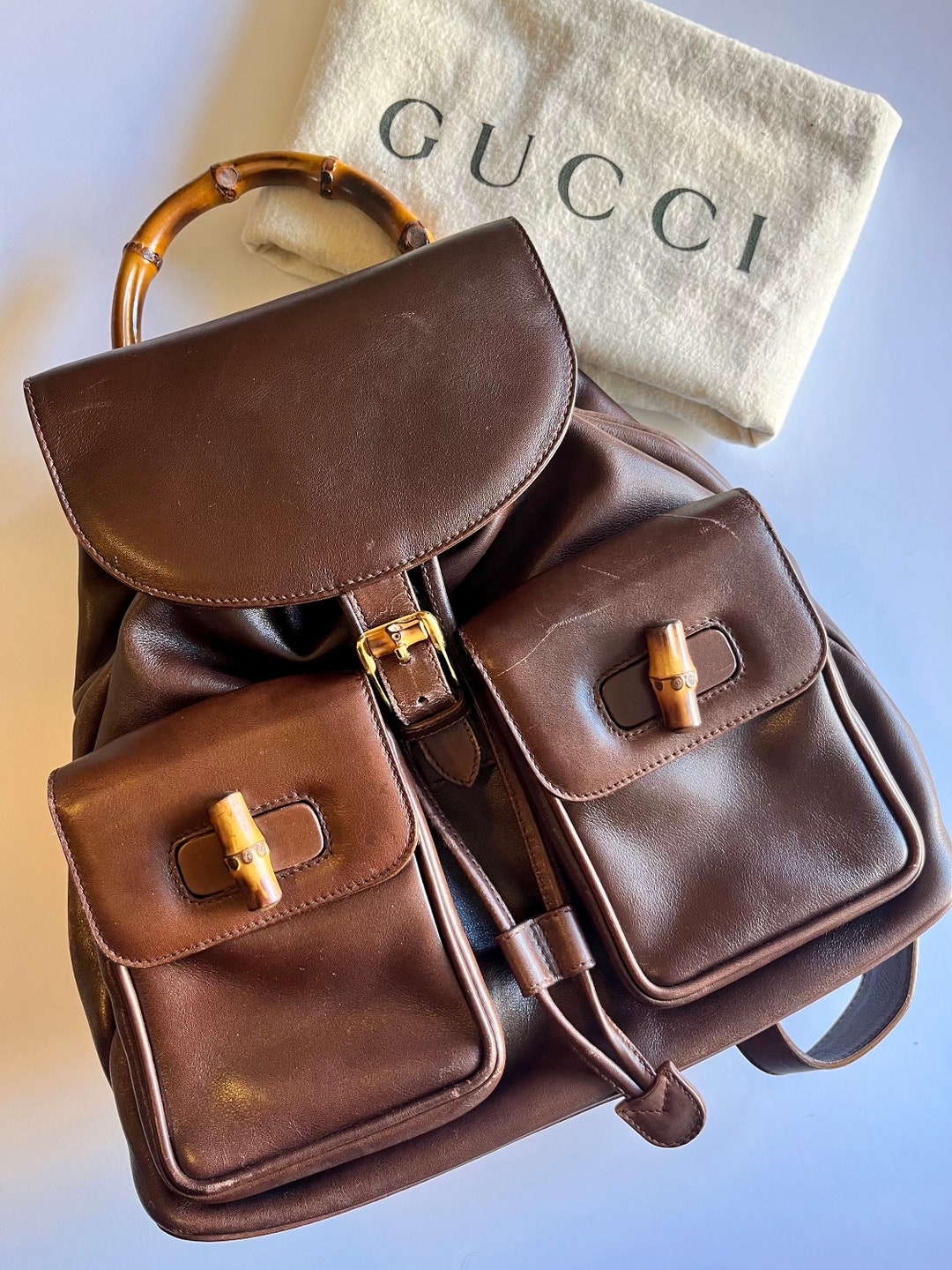 Vintage Gucci Bamboo Backsac/luxury Brand/brown Leather Bag - Etsy
