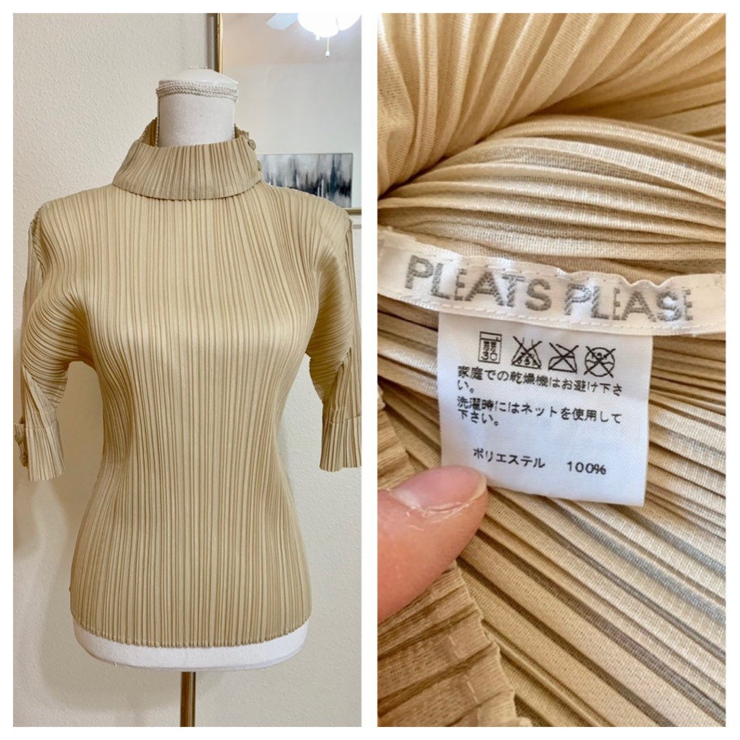 Vintage Issey Miyaki Pleats Please Top/designer Top/beige/ Half Mock ...