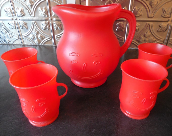 Fun Vintage Smiling Red Kool Aid Pitcher and Four Cups - Etsy
