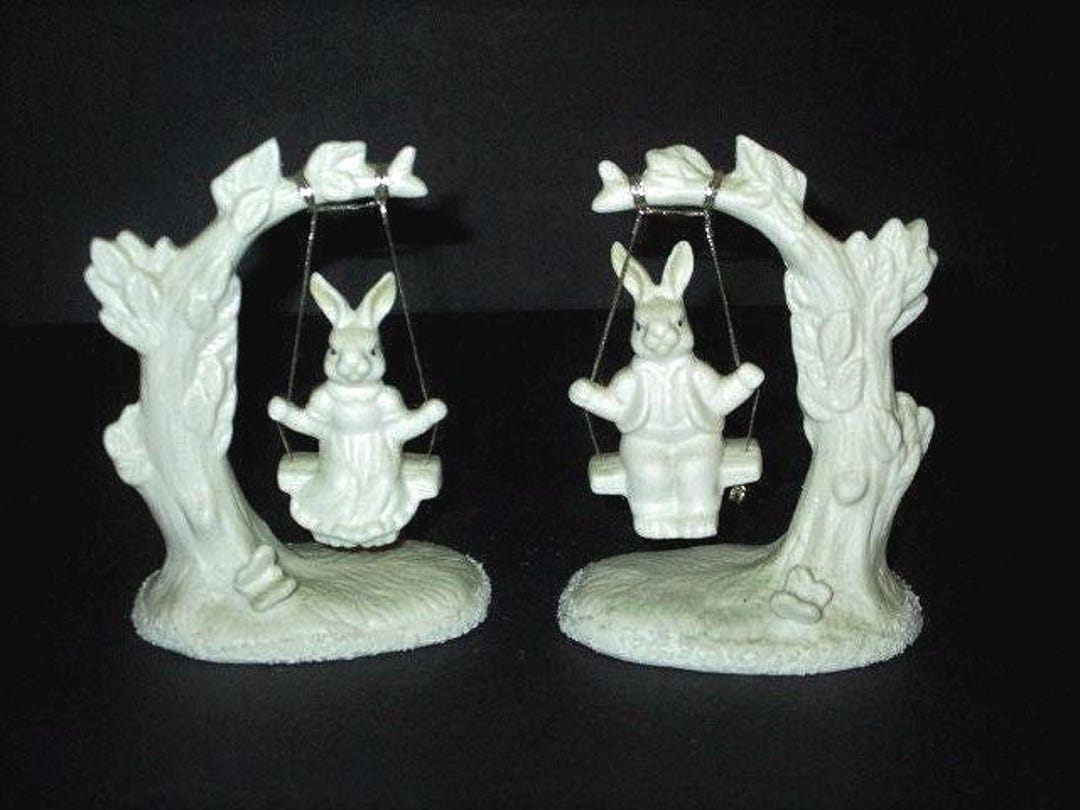Ivory Bisque Porcelain Rabbits in Swings Figurines, Set of 2, Easter ...