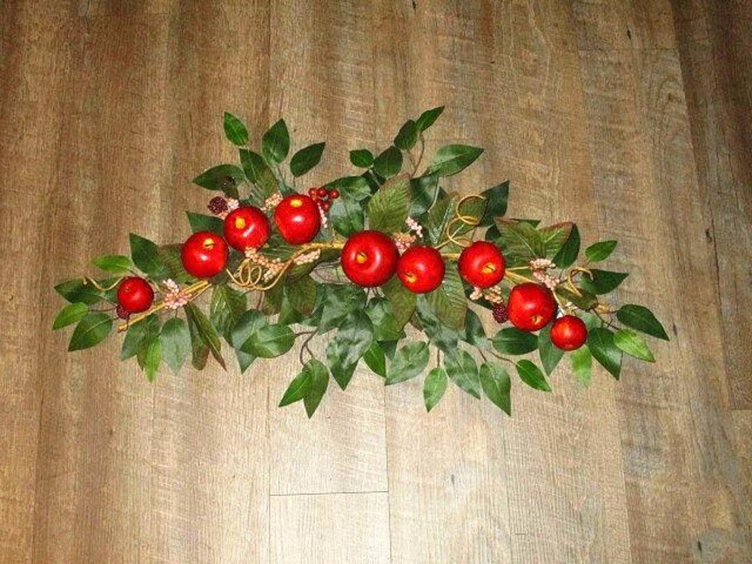 Red Apple Swag With Silk Ficus Leaves and Berries, Hand Made, 32" Long ...