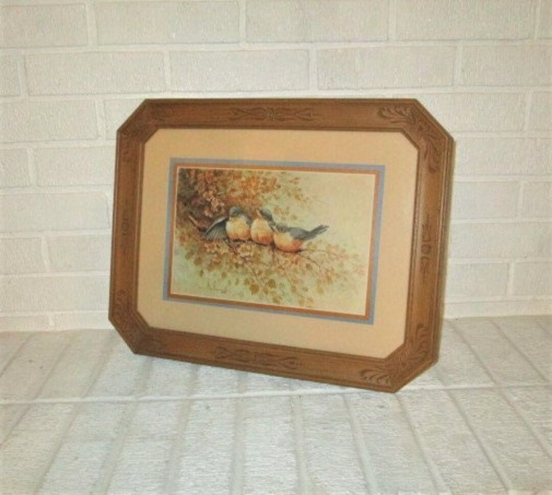 Blue Birds on Branch, Wood Tone Plastic Framed Picture, 18 1/2 X 18 1/2 ...
