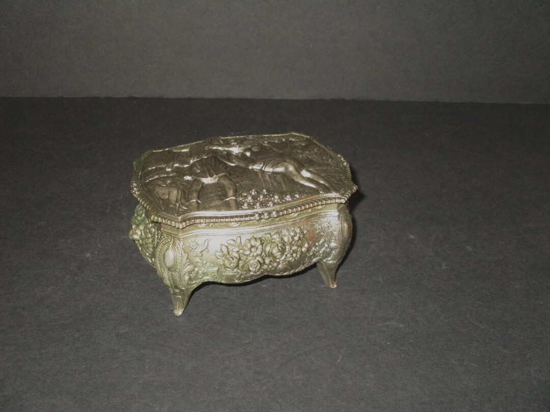 Silver Tone Cast Metal Trinket Box With Embossed Rococo Design and Red ...