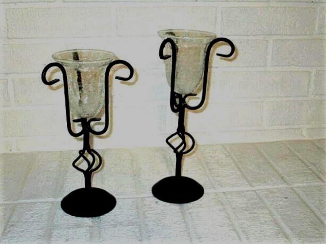 Black Wrought Iron With Crackled Glass Candle Holder, 9 1/2" to 10 1/2" Tall, Set of 2, BOHO ...