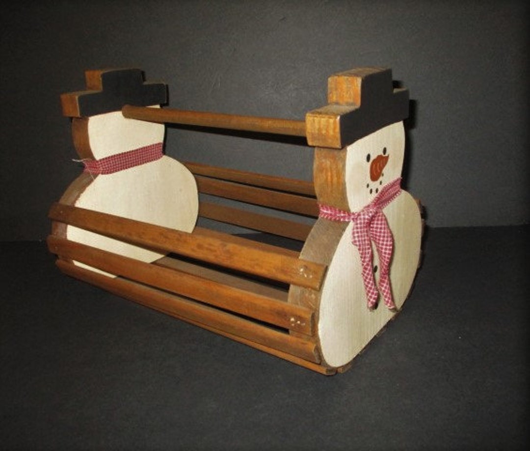 Wood Slat Snowman Basket With Wood Dowel Handle, 12" Long X 8 1/2" Tall ...
