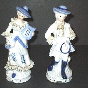 Dresden Lace Style Porcelain Colonial Man and Woman in Blue & White ...