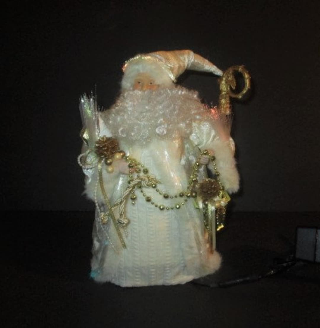 Vintage Fiber Optic Lighted Santa Tree Topper Ivory and Gold - Etsy